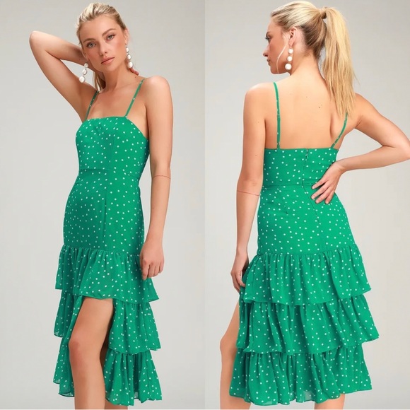 Lulus | Dresses | Lulus Nellie Green Polka Dot Ruffled Midi Dress ...